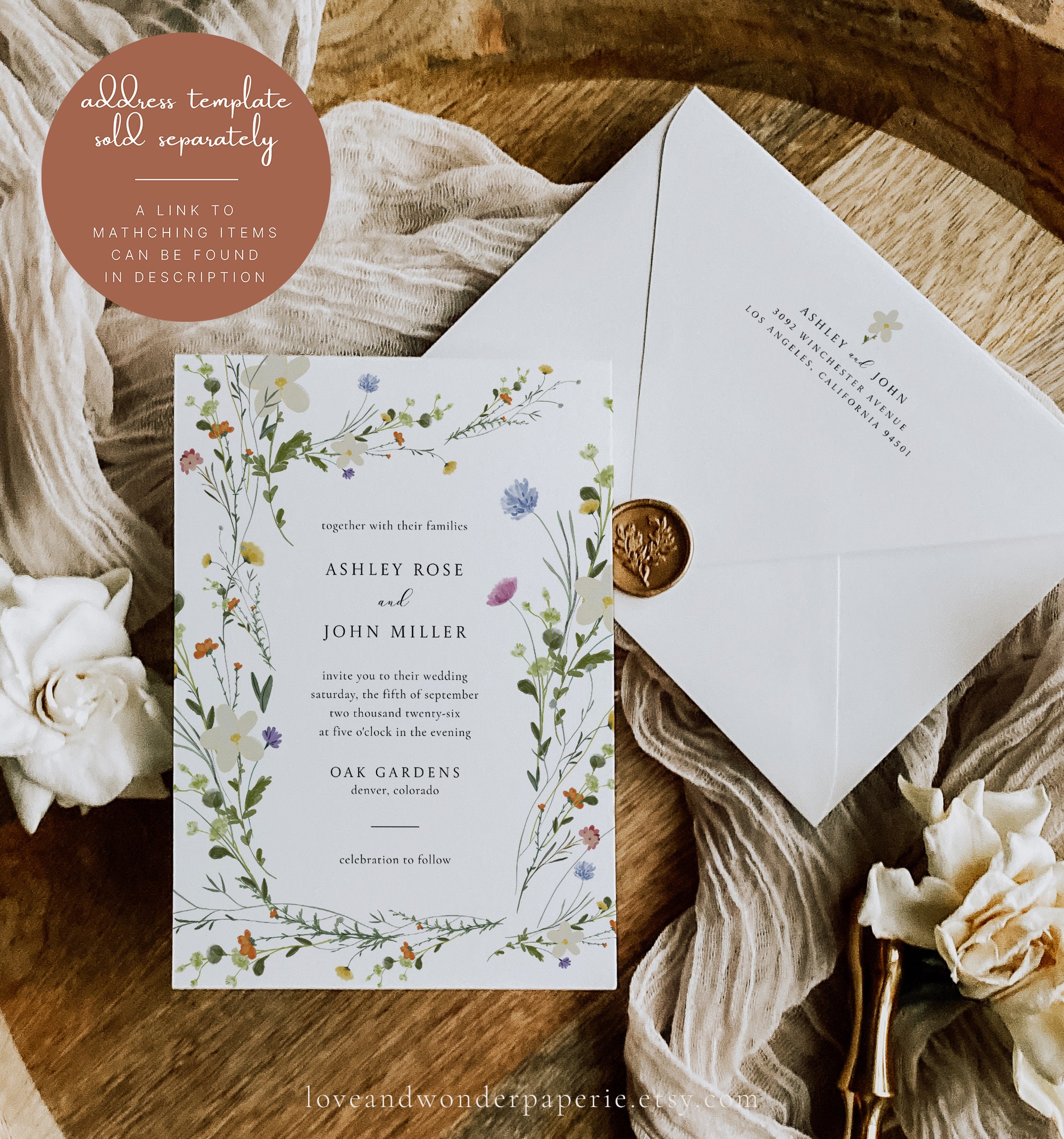 Wildflower Wedding Invitation Template With Photo, Boho Flower Wedding ...