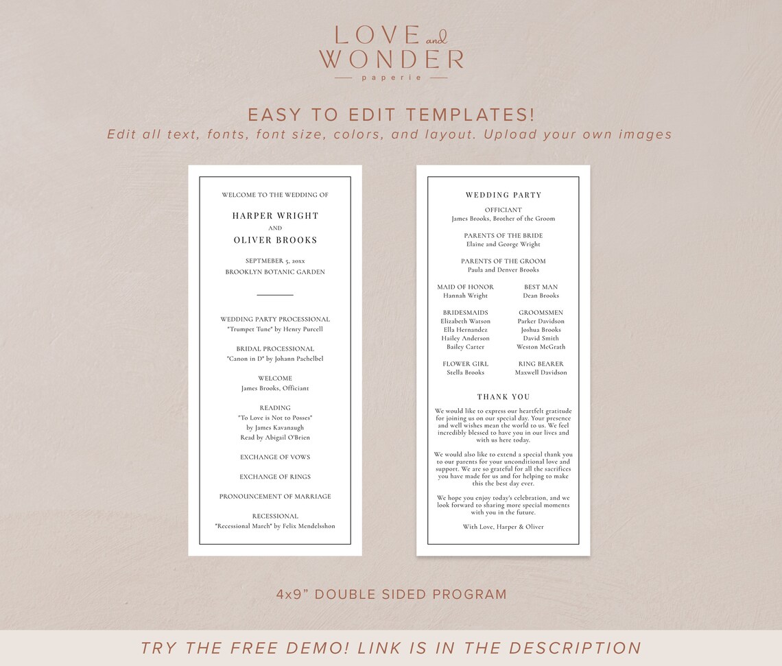 Classic Wedding Program Template, Simple Wedding Ceremony Program Card, Minimalist Program, 4x9 ...