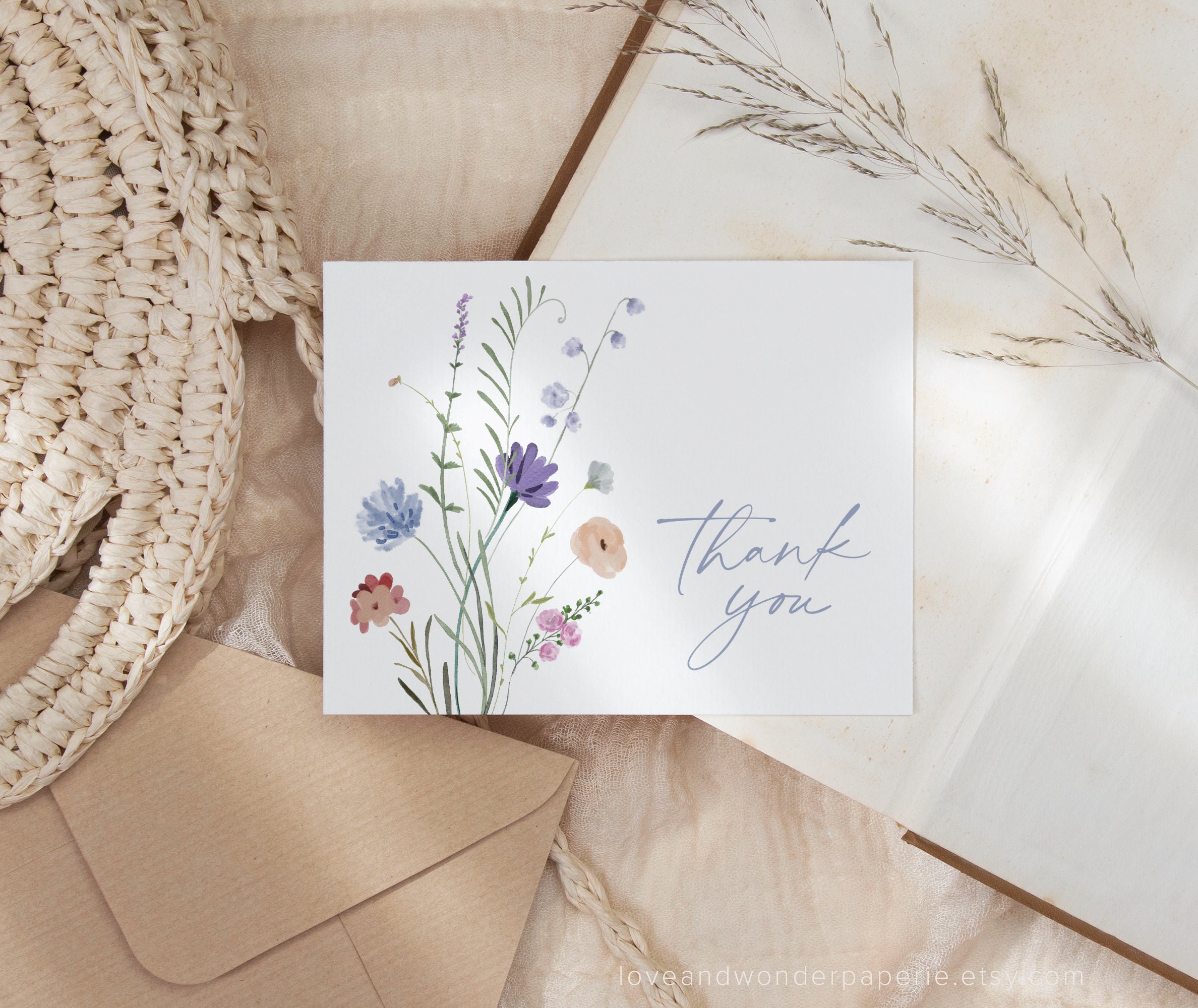 Wildflower Thank You Card, Watercolor Flower Thank You Notecard, Folded ...