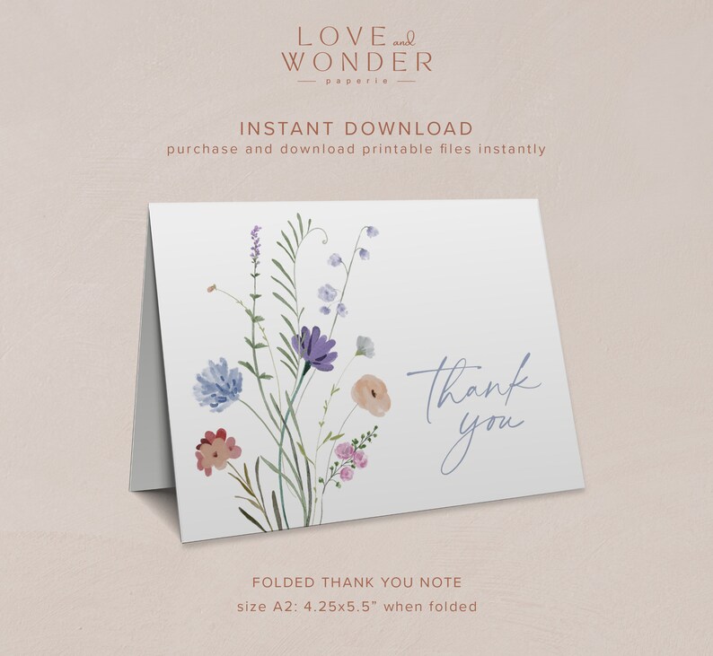 Wildflower Thank You Card, Watercolor Flower Thank You Notecard, Folded ...
