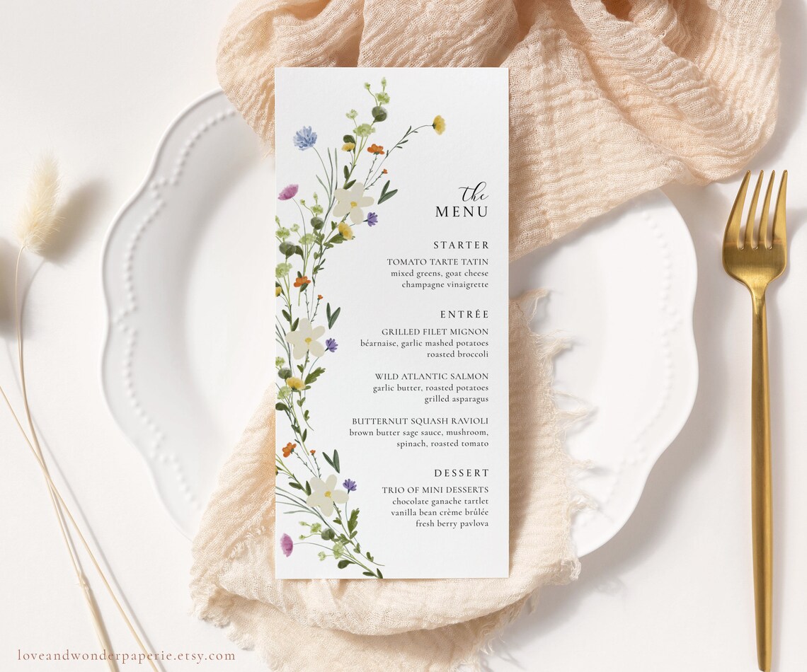 Wildflower Wedding Menu Template, Editable Wedding Menu, Watercolor ...