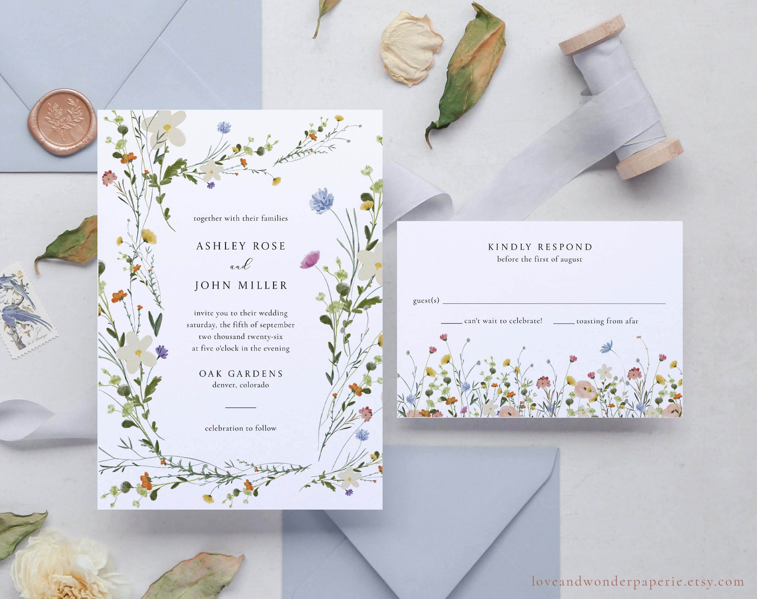 Wildflower Wedding Invitation Template Set, Boho Wedding Invite, Reply ...