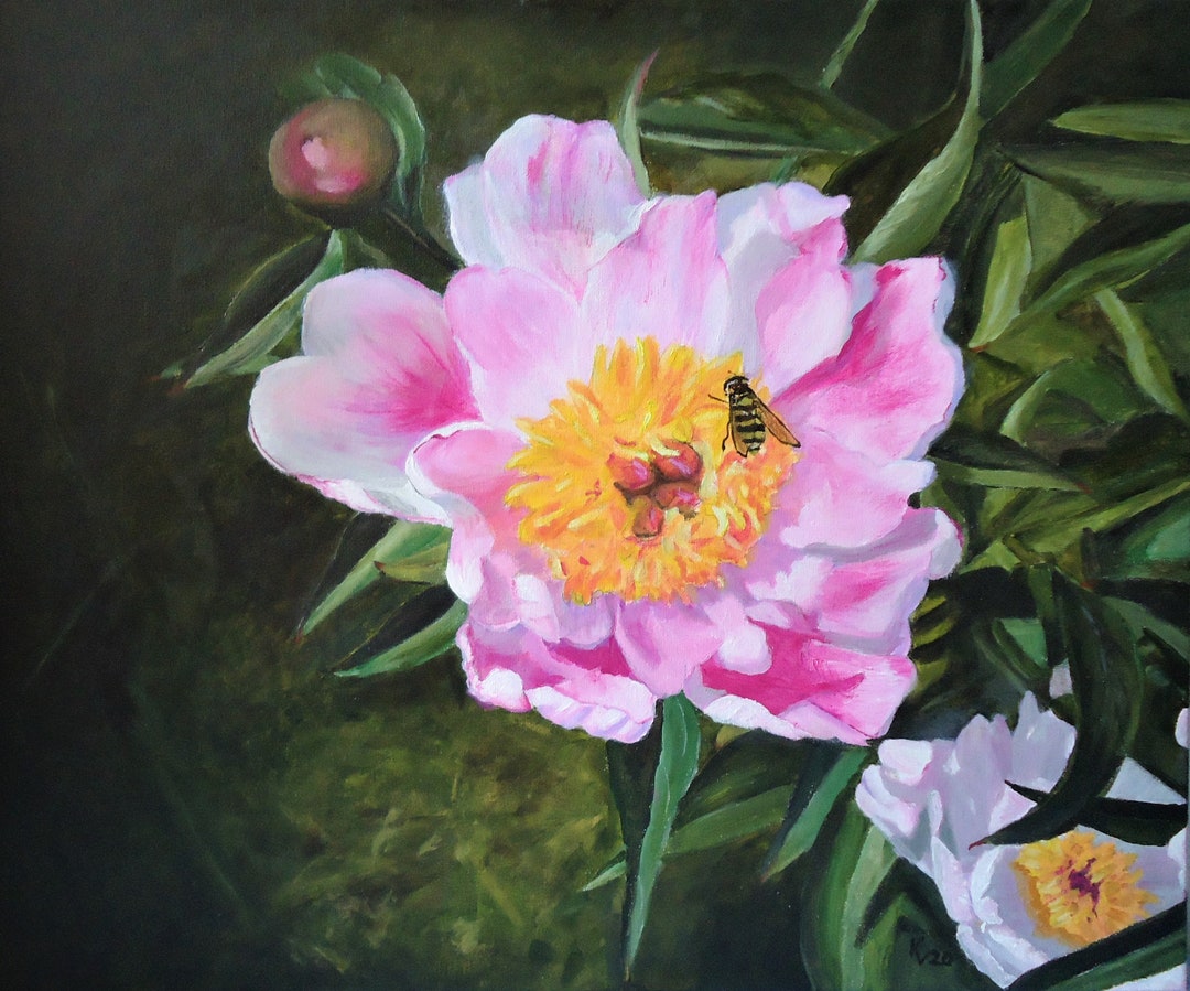 Acrylic Painting Japanese Peony With Bee, Art Print A4 21 X 29.7 Cm or ...
