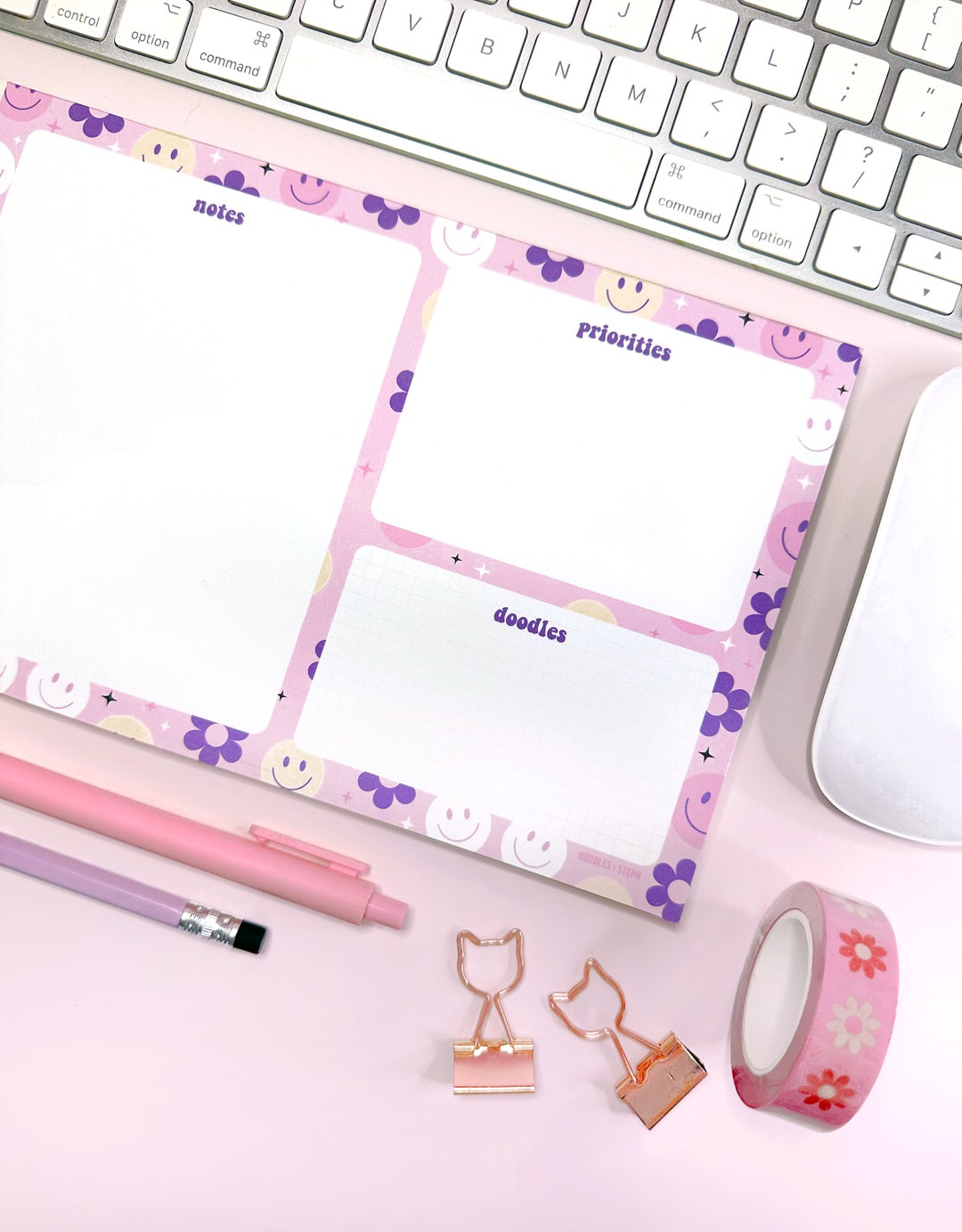 Happy Floral Notepad // Retro, Home Office, Notes, To-do, Daily, Weekly ...