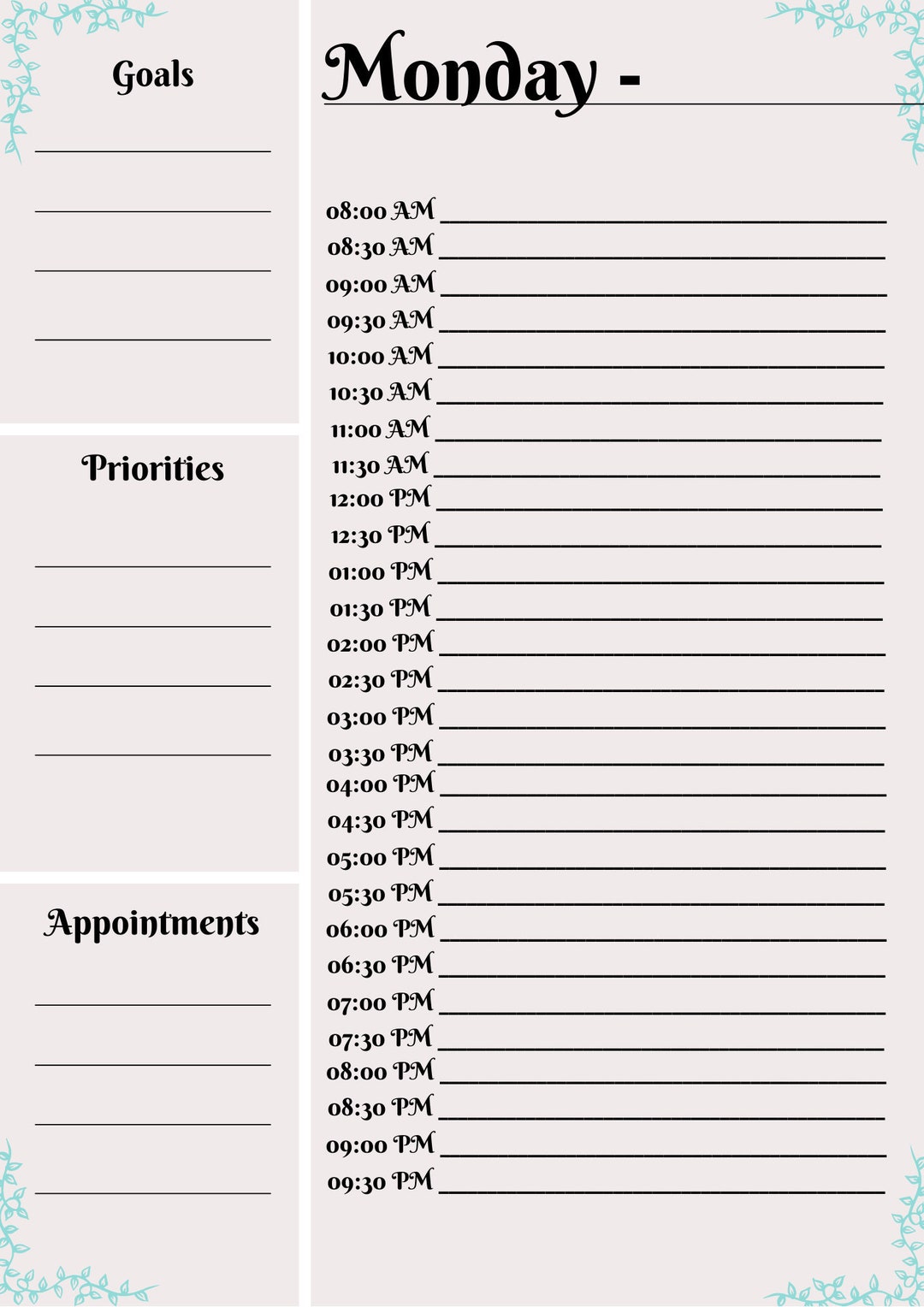 Printable | 30 Min Intervals | Daily Planner | 7 Day Planner | Work ...