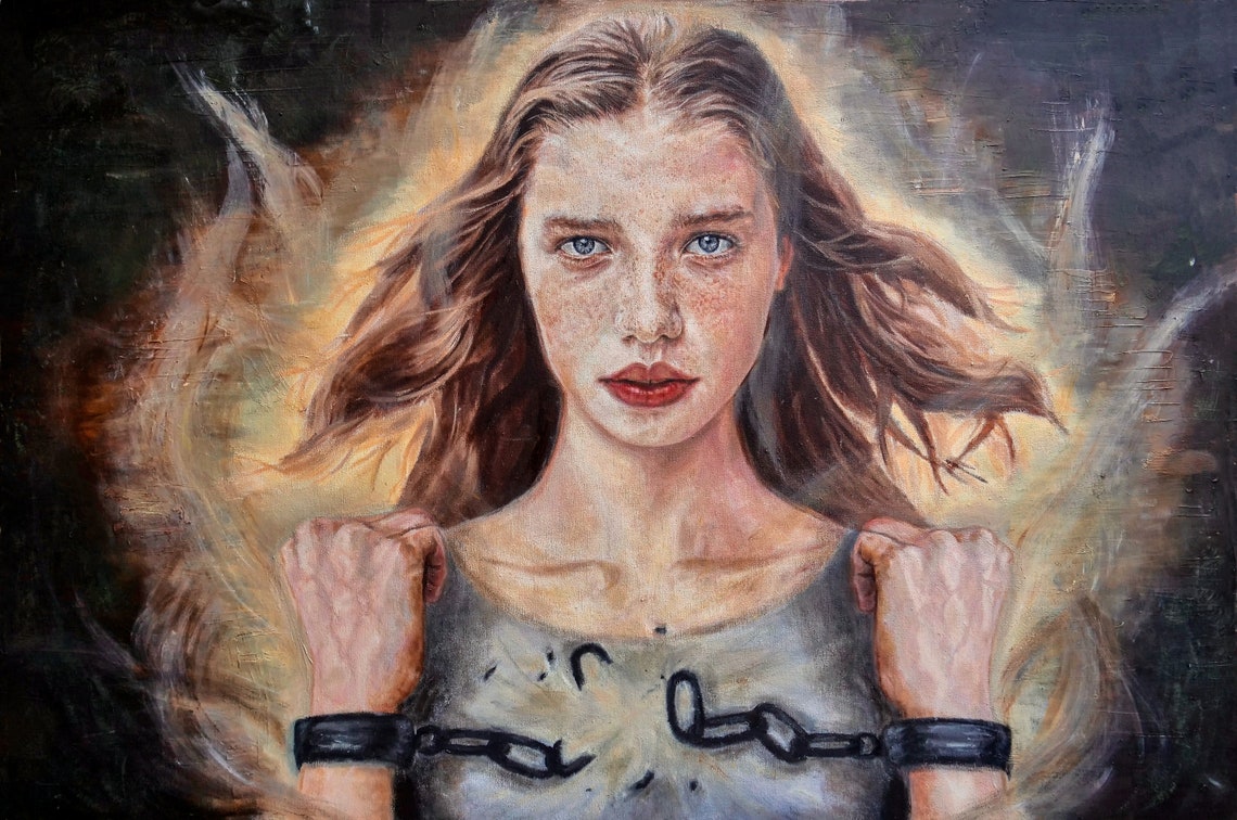 Oil Painting Girl Setting Free Breaking Chains Portrait - Etsy