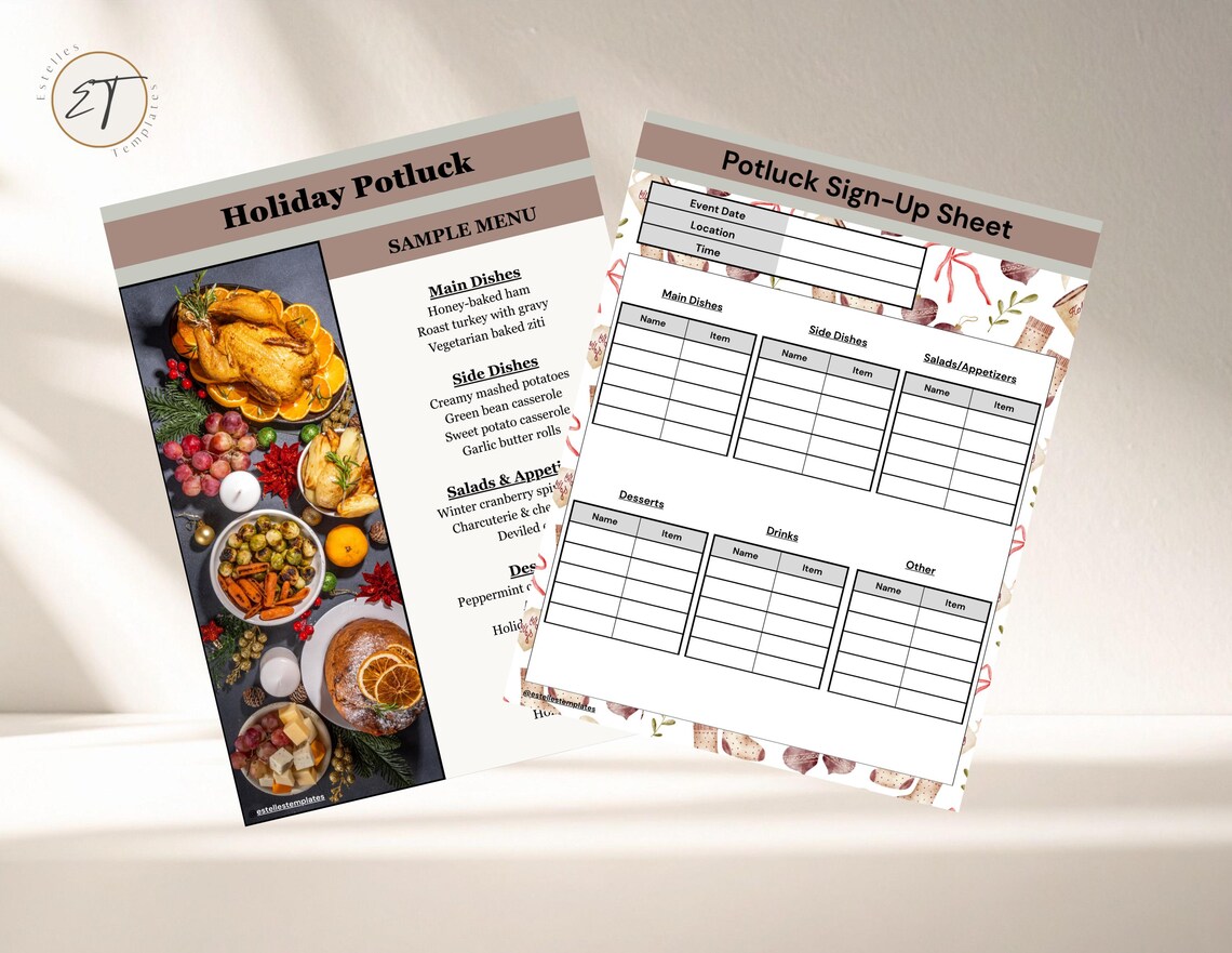 Holiday Potluck Sign up Sheet | Printable Menu Organizer (adobe ...