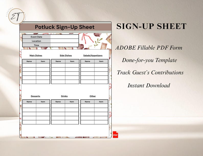 Holiday Potluck Sign up Sheet | Printable Menu Organizer (adobe ...