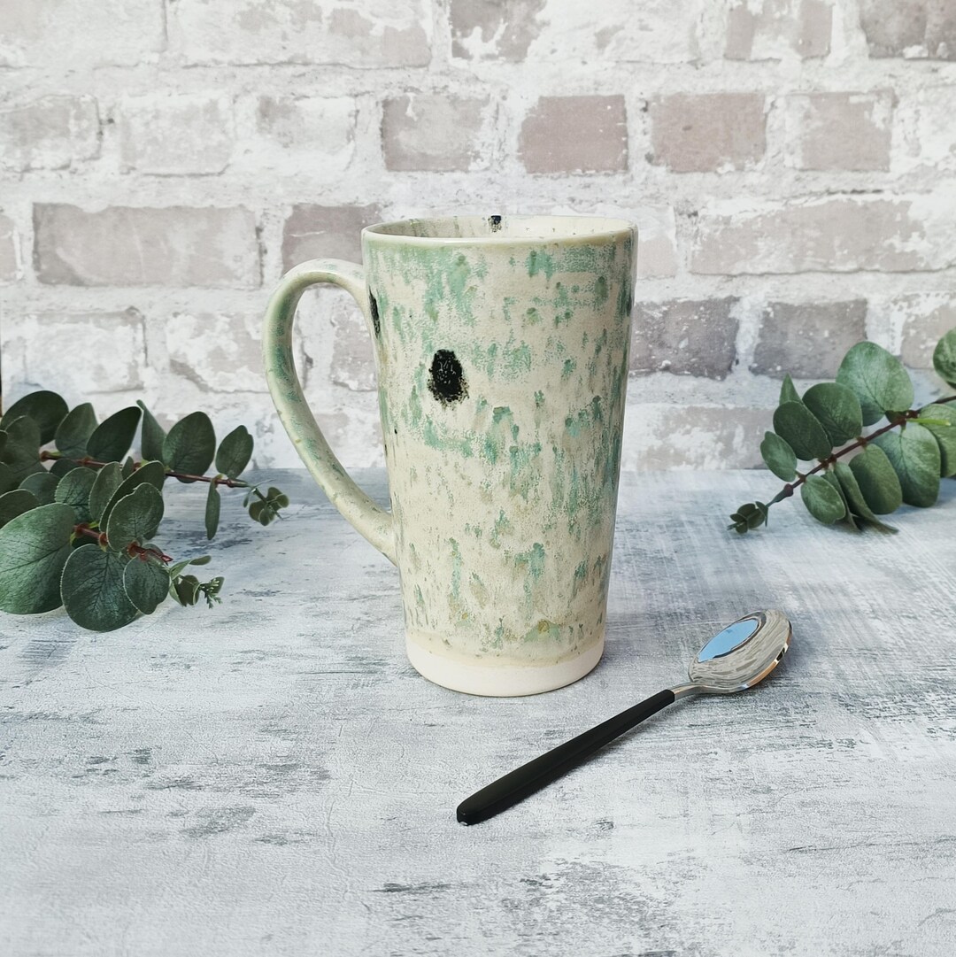 Hand-painted Stoneware Latte Mug: Moss Green Glaze With Blue Crystal ...