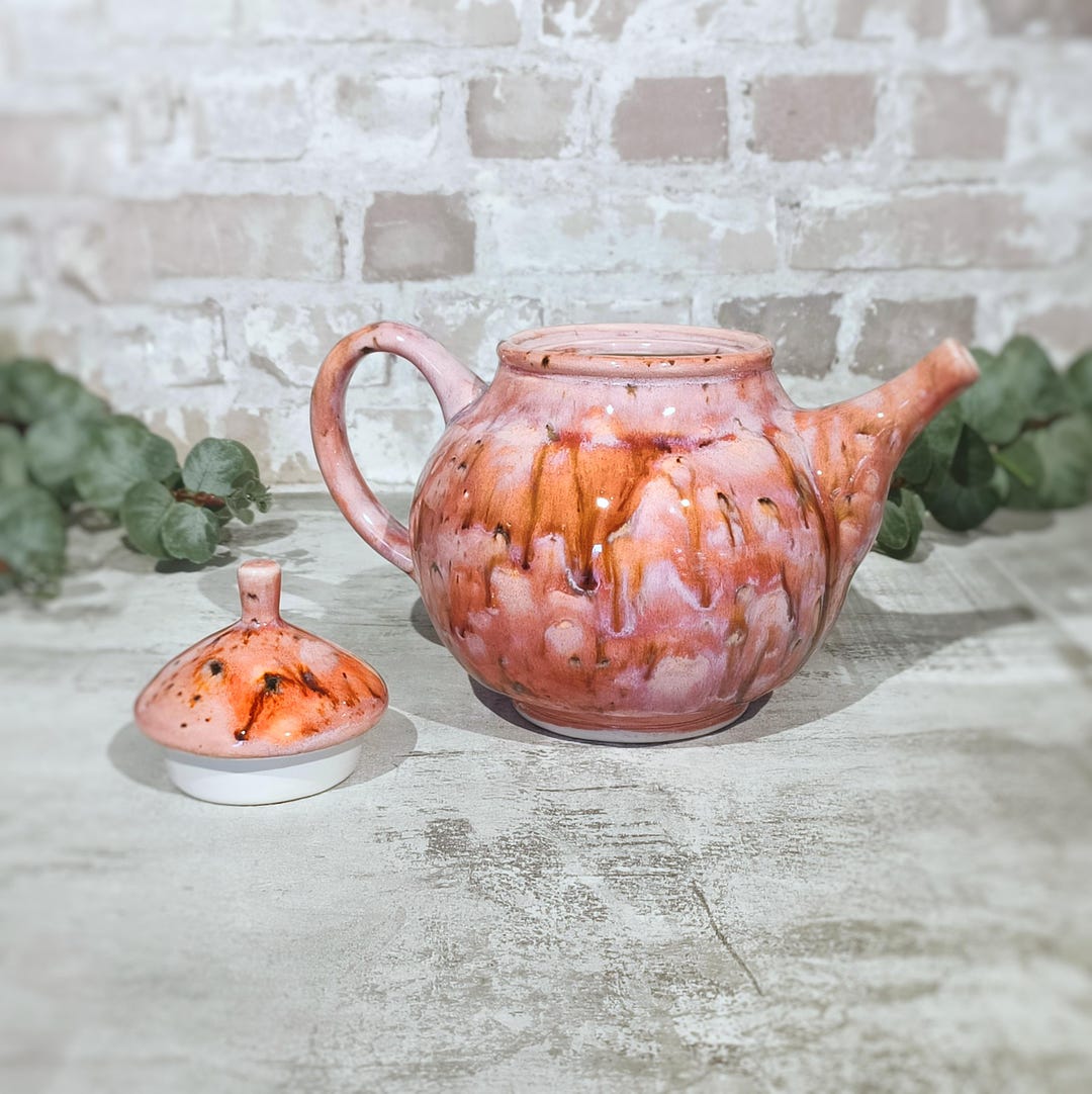 Sunset Pink Teapot, Coral Peach Kettle, Stoneware Ceramic, Hand Painted ...