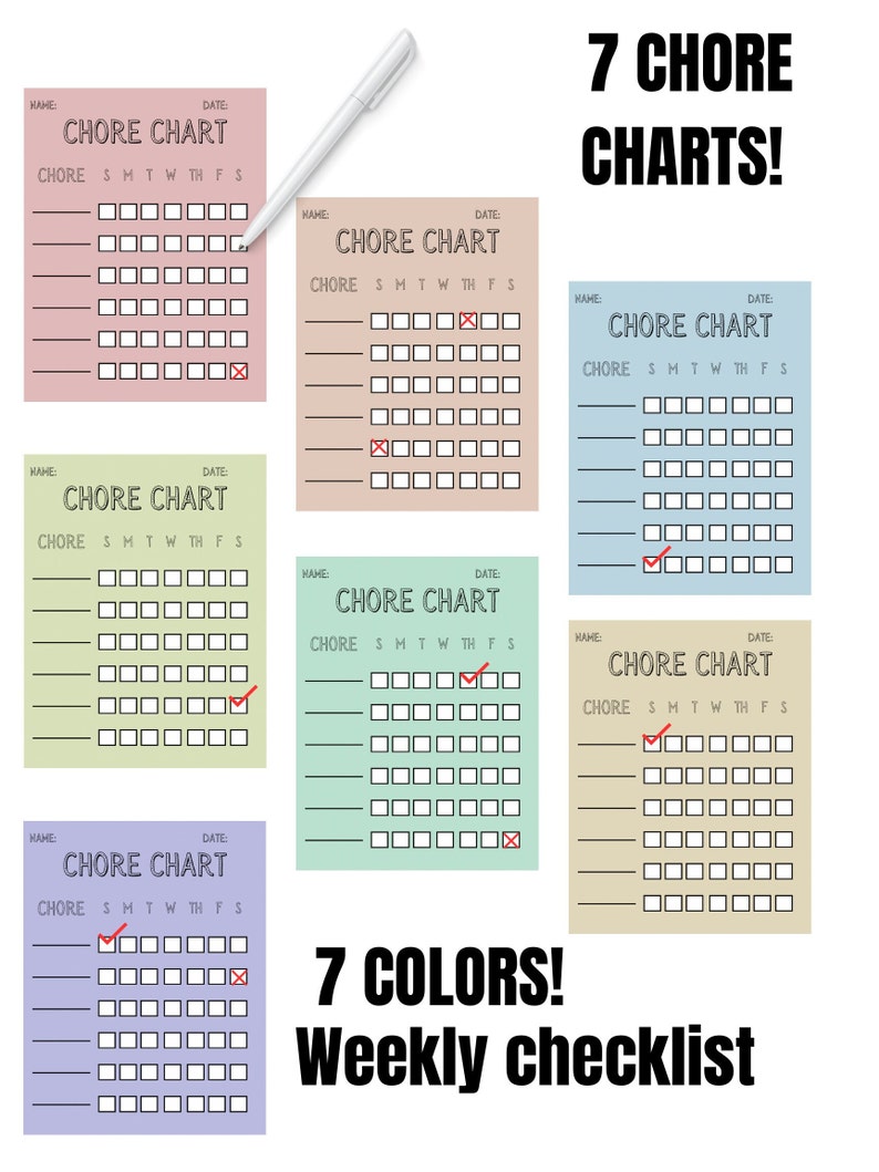 7 Colorful Chore Chart Checklist Weekly Checklist Digital Download - Etsy