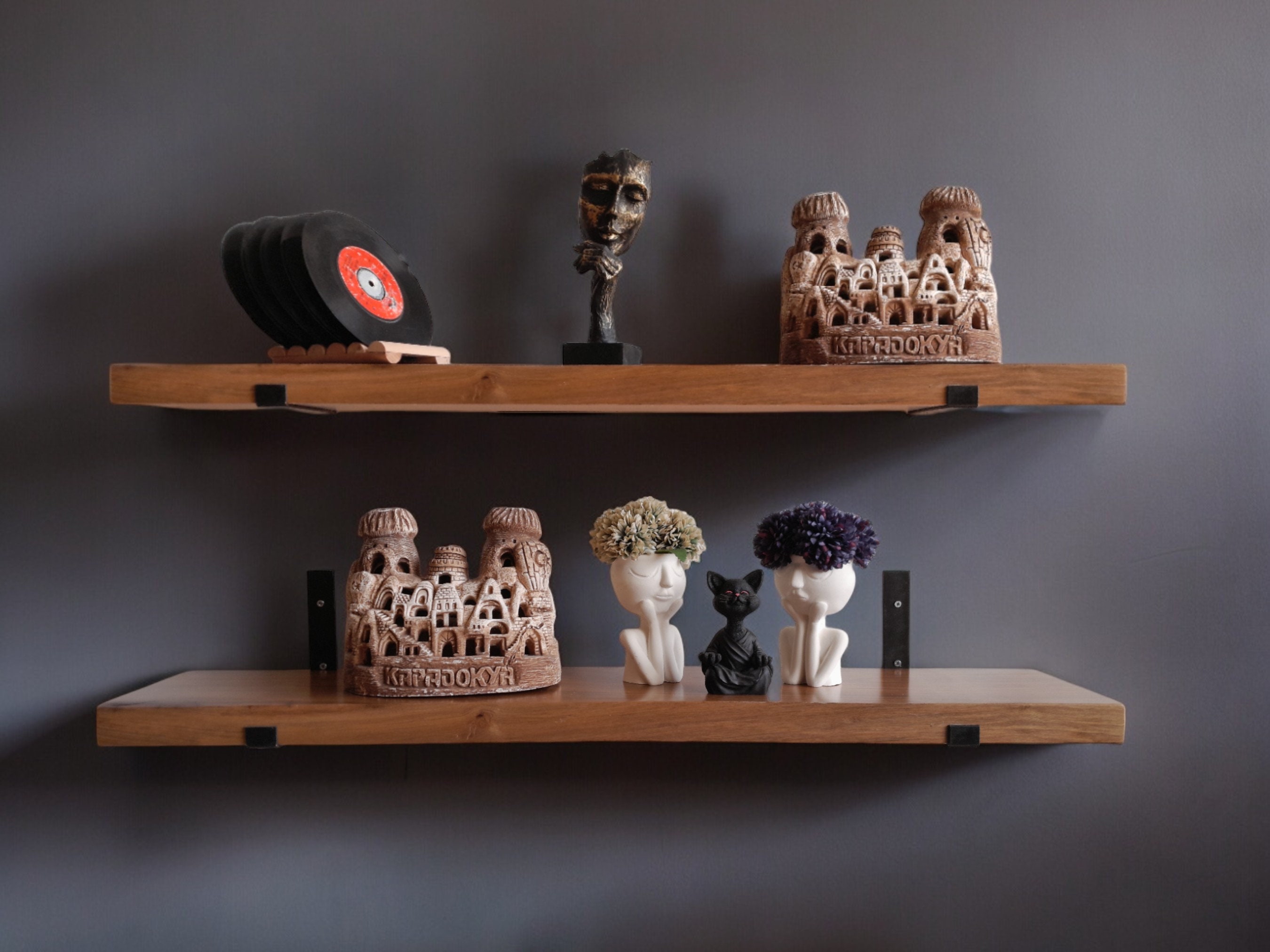 Natural 2-piece Walnut Wood Shelf With Metal Bracket, Elegant Storage ...