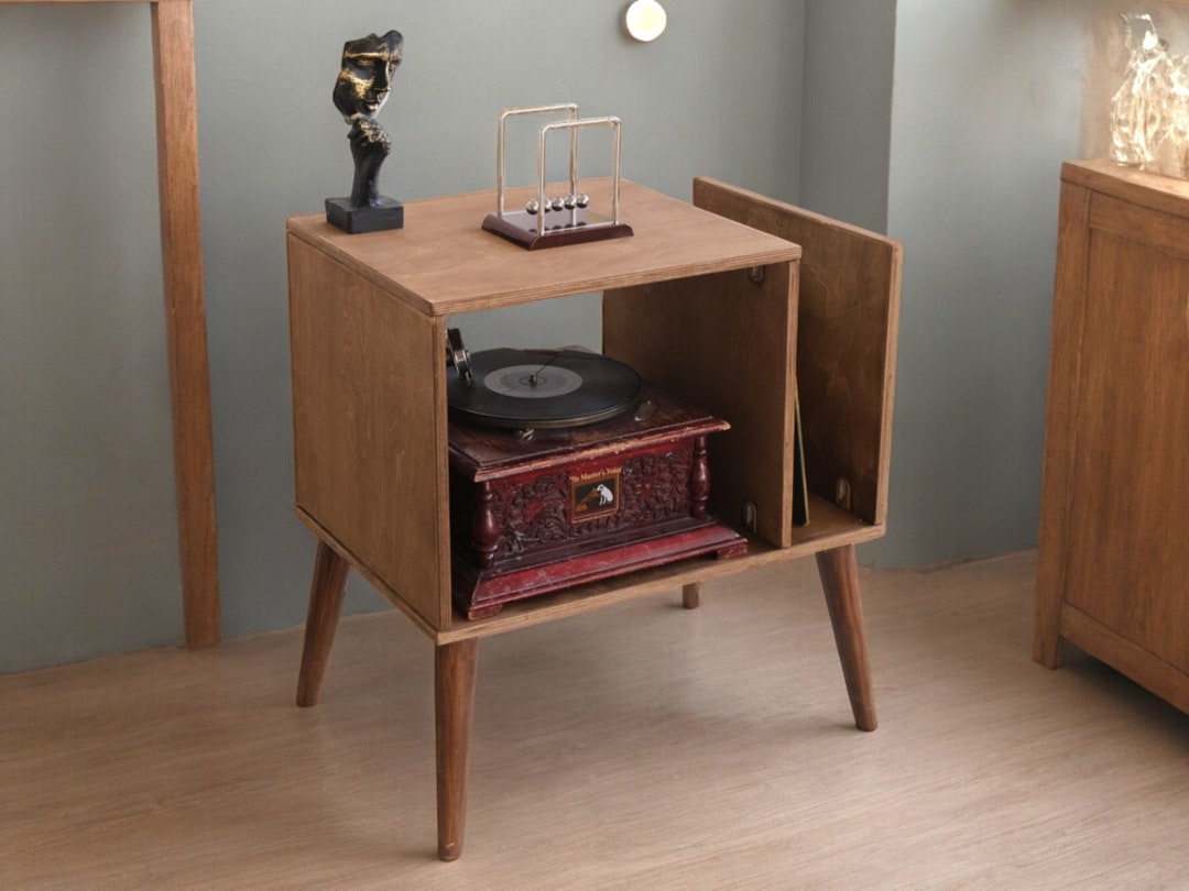 Birch Wood Record Player Stand, Handmade Vinyl Storage, Perfect Audio ...