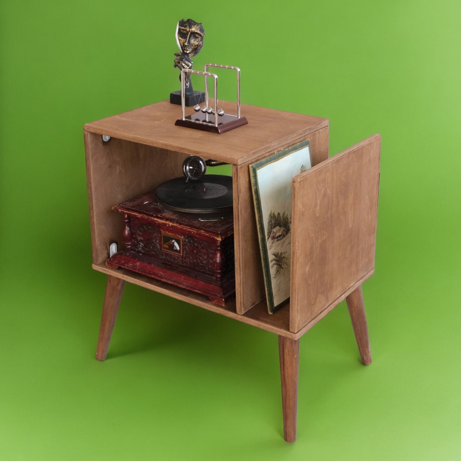 Birch Wood Record Player Stand, Handmade Vinyl Storage, Perfect Audio ...