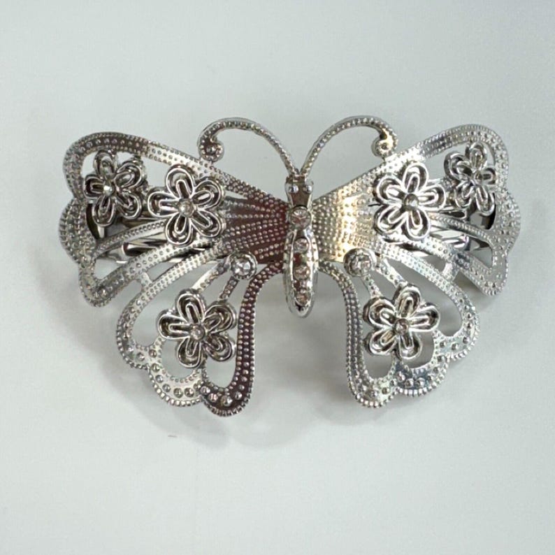 Large Butterfly Silver Tone Metal Hair Barrett Rhinestones Flowers Hair ...