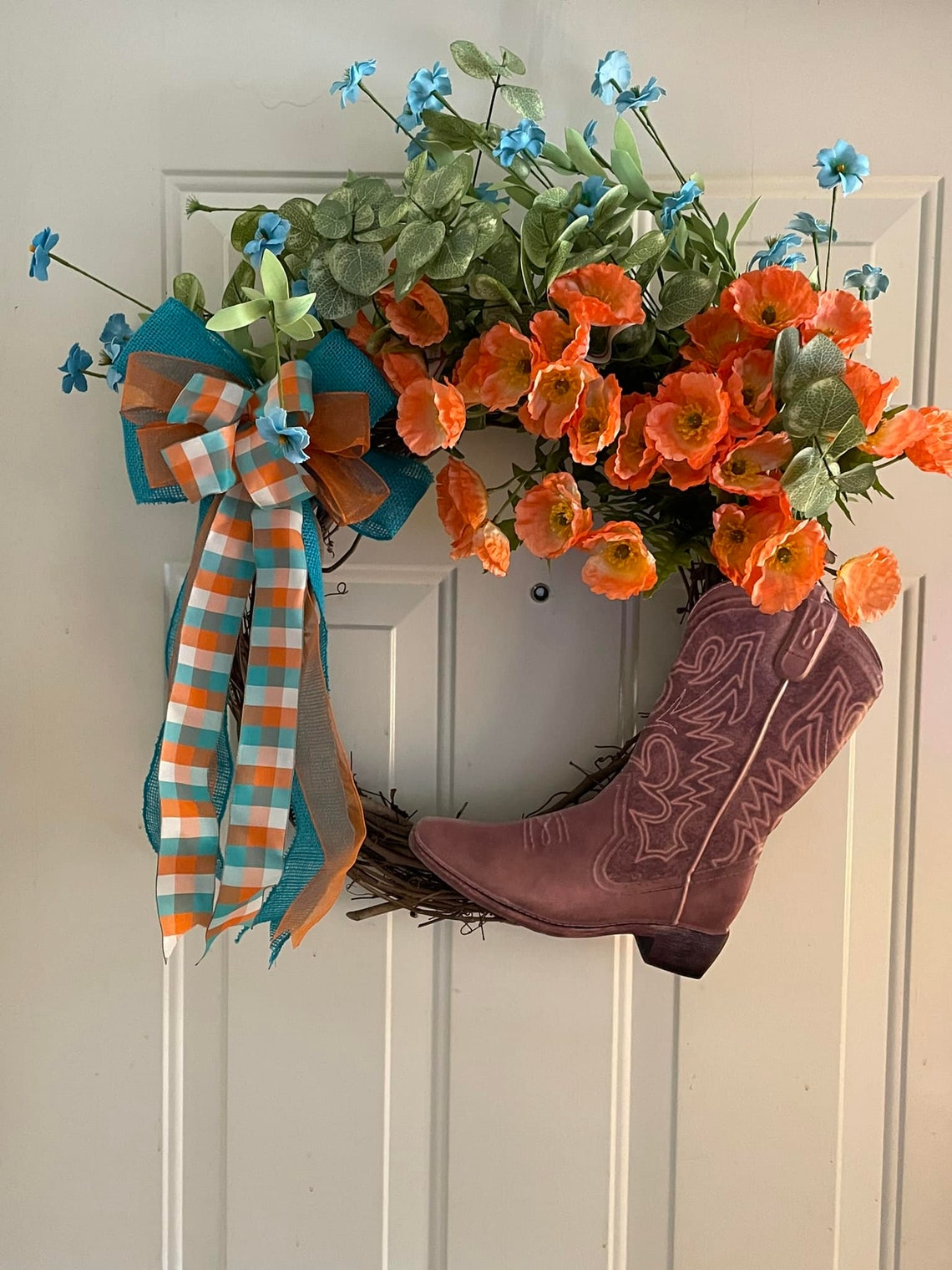 Cowboy Boot Wreath With Orange Poppies and Blue Cornflowers on ...