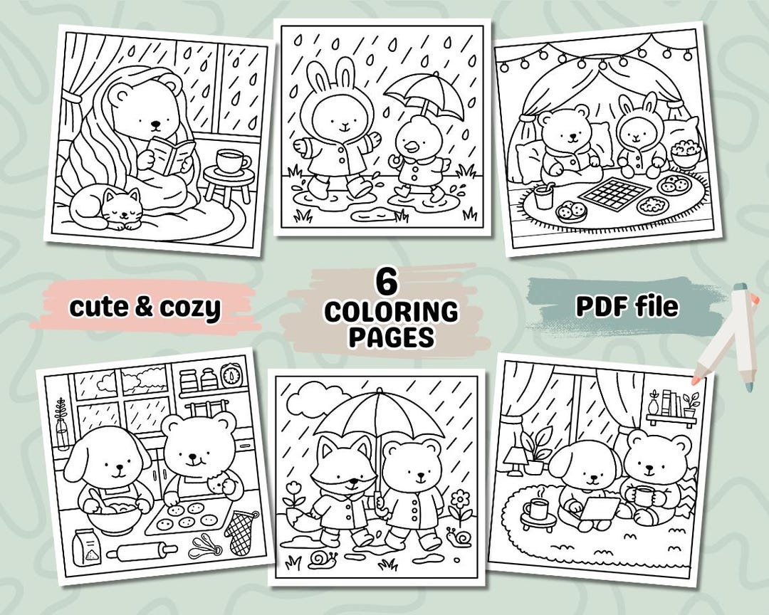 Rainy Day | Animal Coloring Pages | Cute Kawaii Style Printable | Cozy ...