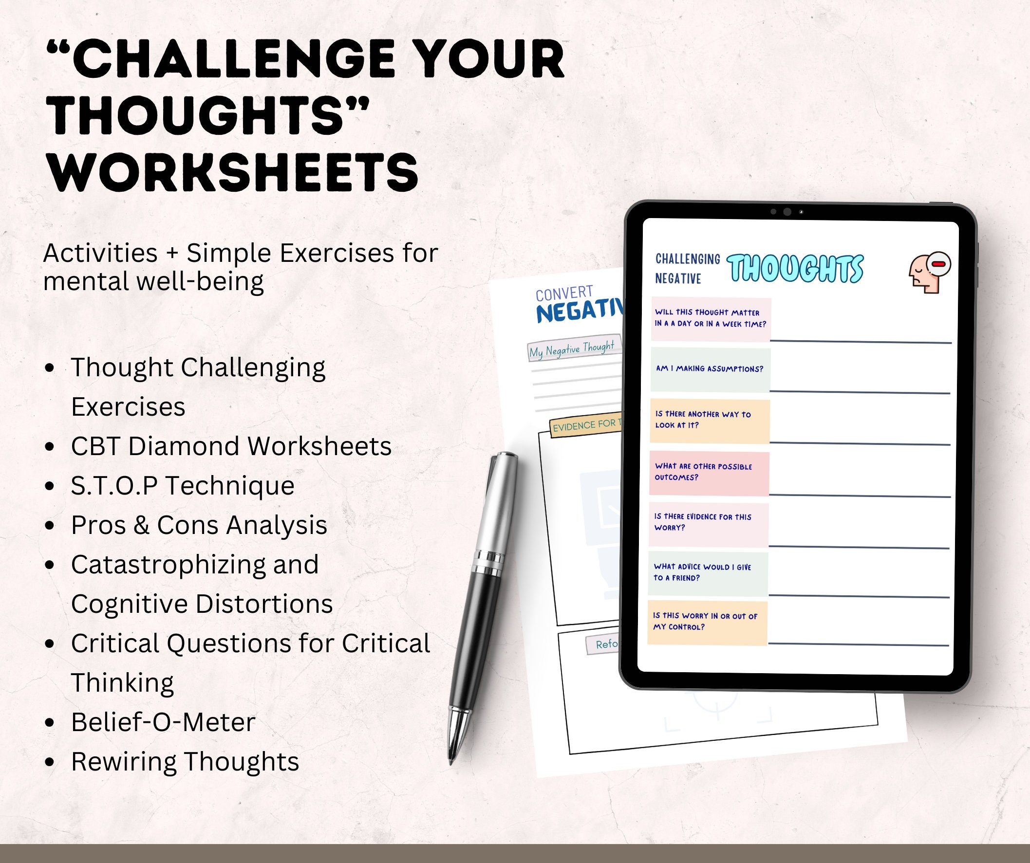 Cognitive Behavioral Therapy Worksheets, CBT Therapy, Negative Thought ...