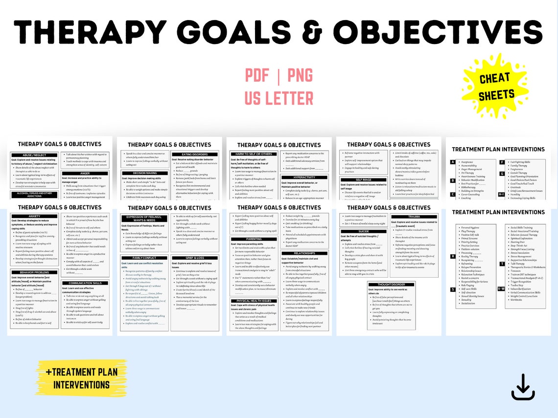 Therapy Goals and Objectives, Clinical Therapy Notes, Therapist Cheat ...
