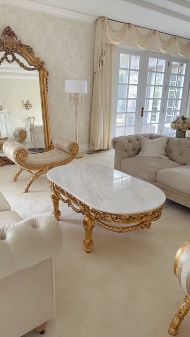 Hand-carved Marble Top Coffee Table: Gilded Wood, Rustic Home Decor - Etsy