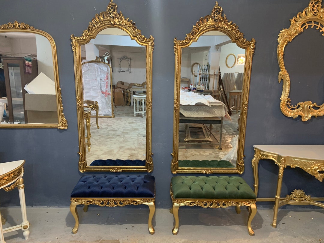 Handcrafted Gold Leaf Mirror and Bench Set, Velvet Upholstery - Etsy