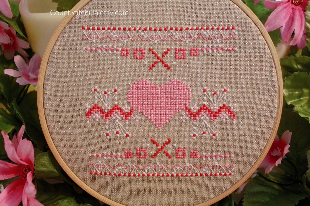 Pink Heart Cross Stitch Pattern, PDF Instant Download, Love, XOX, Lacy ...