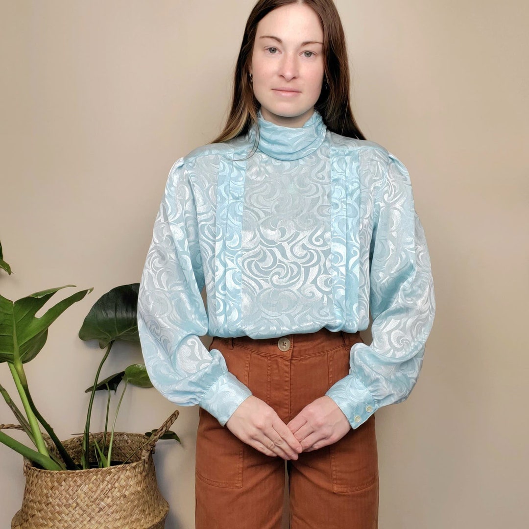 Vintage 80s 90s Turquoise Swirl Victorian Satin Mockneck Blouse Womens ...