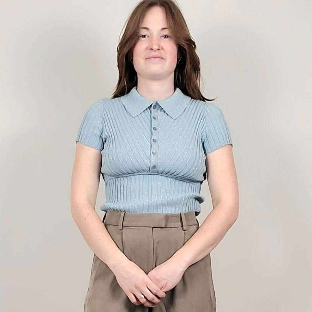 Vintage 90s Y2K Robin Egg Blue Silver Sparkle Collared Ribbed Knit Polo ...