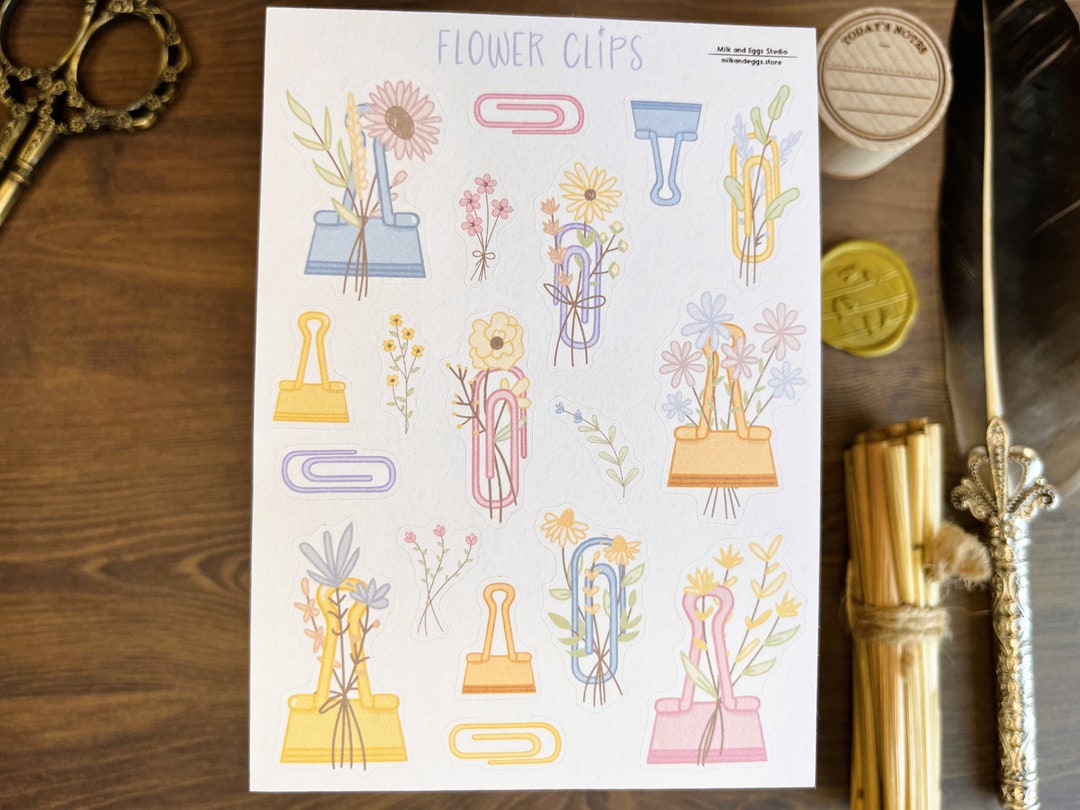 Flower Clips Sticker Sheet, Floral Paper Clip Stickers, Cottagcore ...