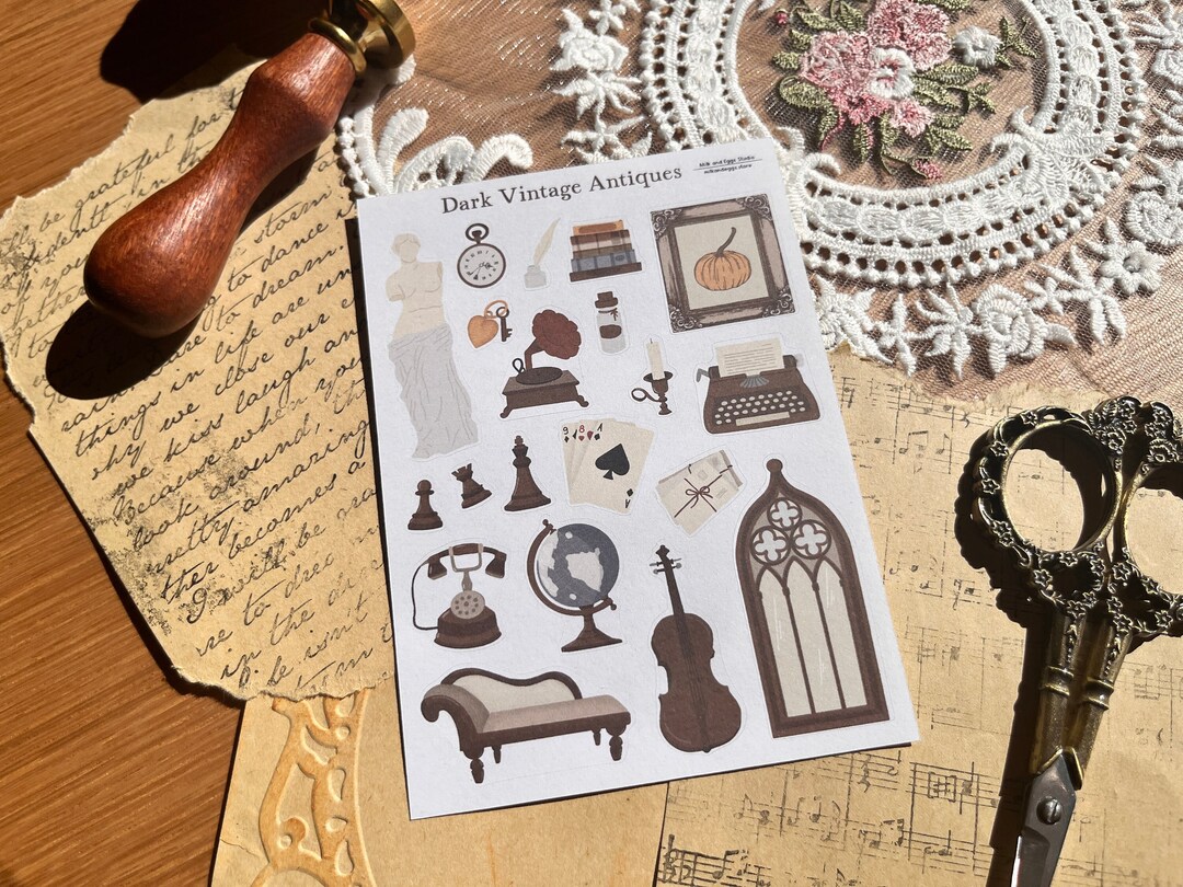 Dark Vintage Antiques Sticker Sheet, Book Academia Bullet Journal ...