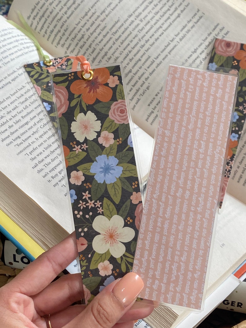 Floral Laminated Bookmarks With Gold Eyelet and Ribbon | Etsy