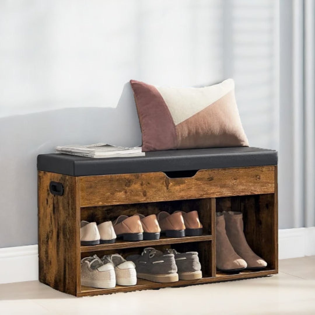 Rustic Wooden Shoe Rack Bench With Cushion Organiser Shelves - Etsy UK