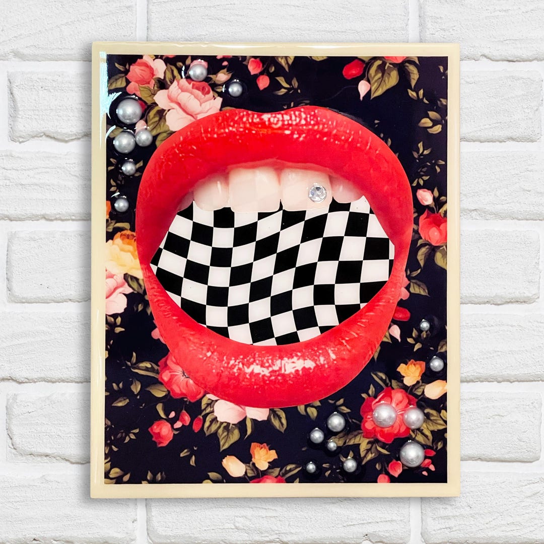 LIPS COLLAGE ART - Funky Whimsical Wall Art - Novelty Decor - Checkered ...