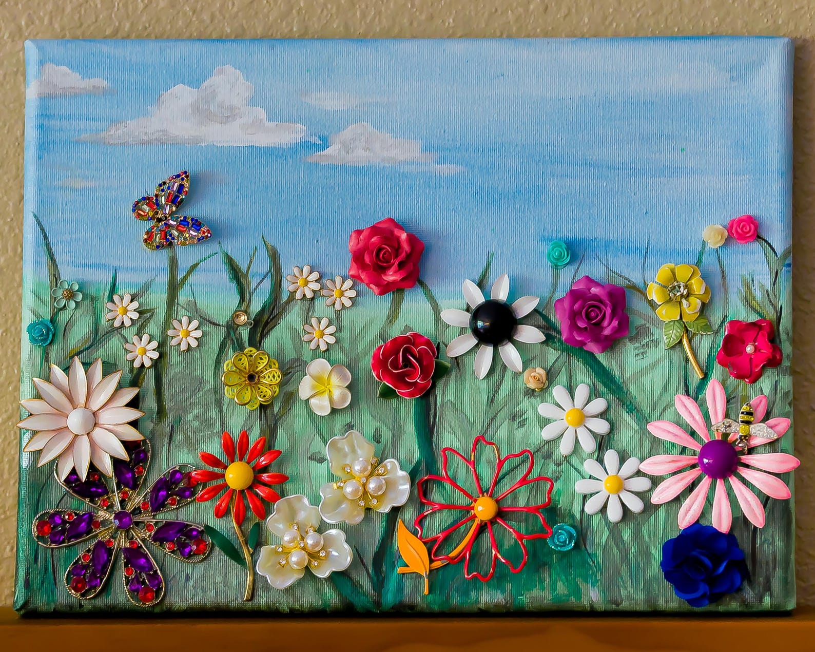 Canvas Jewelry Art, One of a Kind Art, Vintage Jewelry Repurposed Art ...