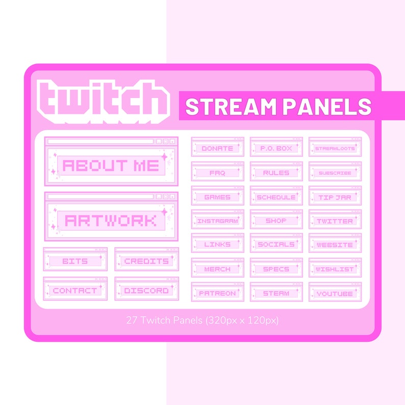Twitch Stream Panels 27X Pink Pixel Retro PC Window Streamer Profile ...