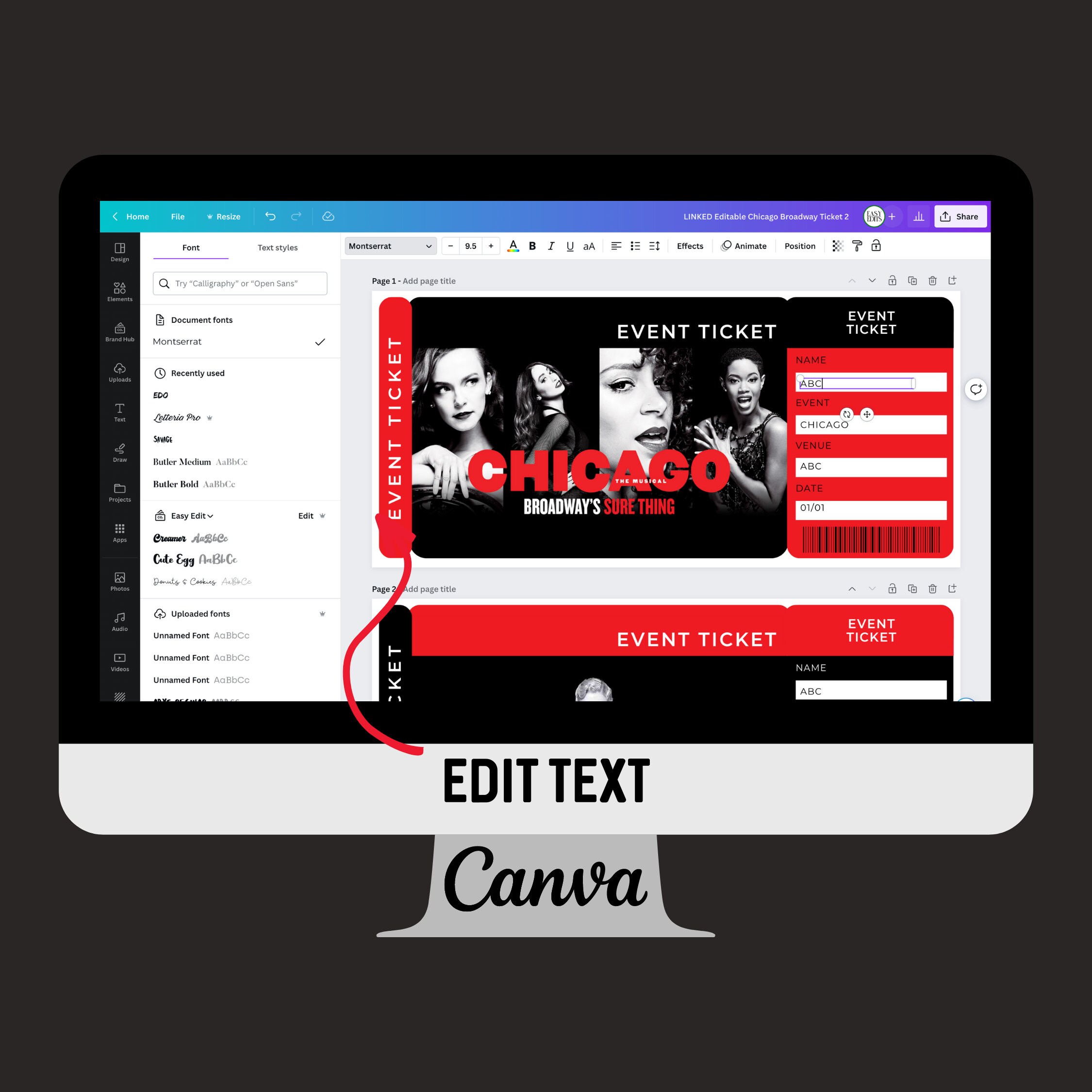 Editable Theatre Event Ticket, Chicago Broadway Printable Ticket ...