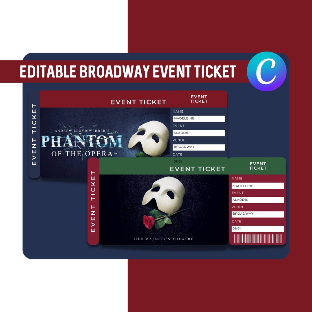 Editable Theatre Event Ticket Phantom of the Opera Broadway Printable ...