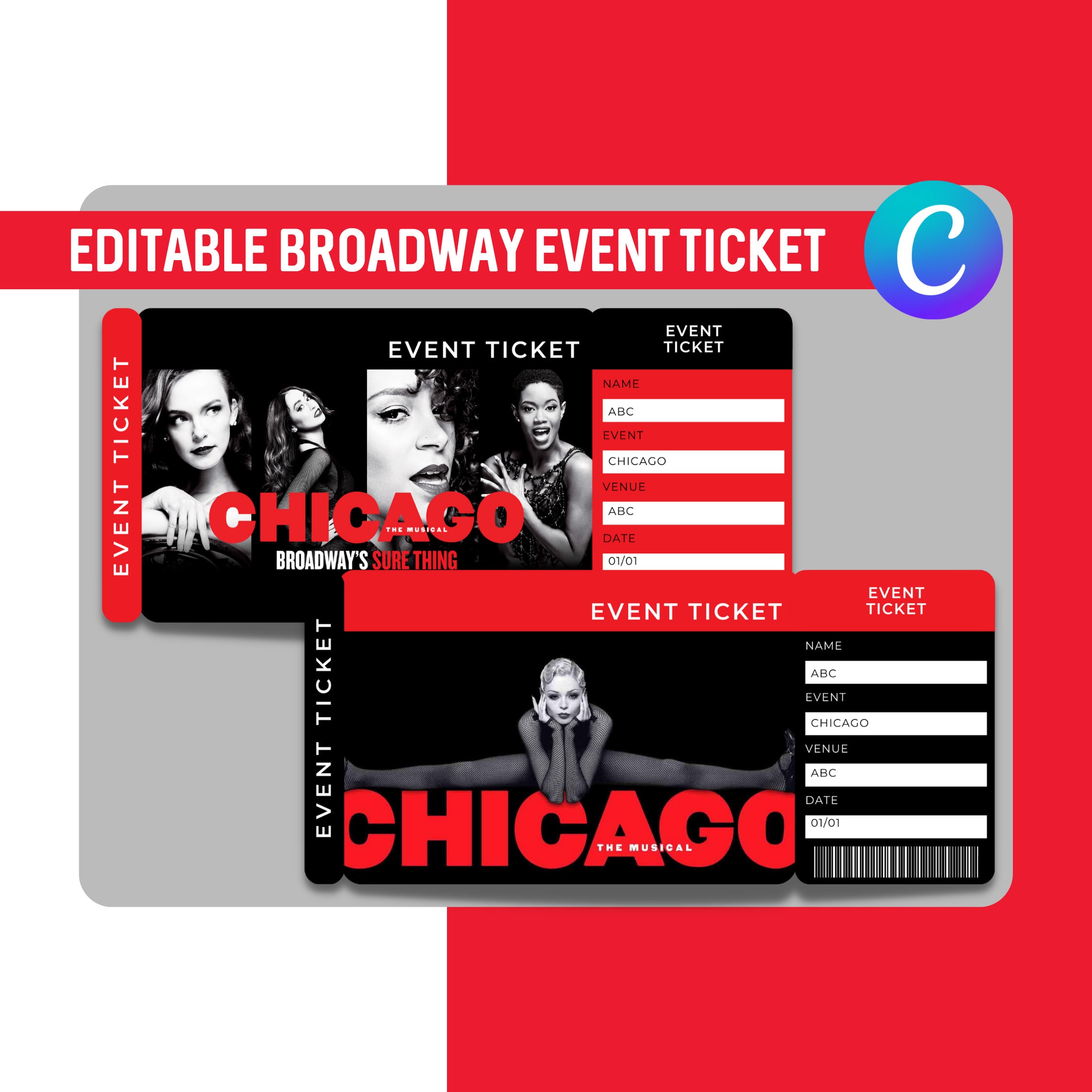Editable Theatre Event Ticket, Chicago Broadway Printable Ticket ...