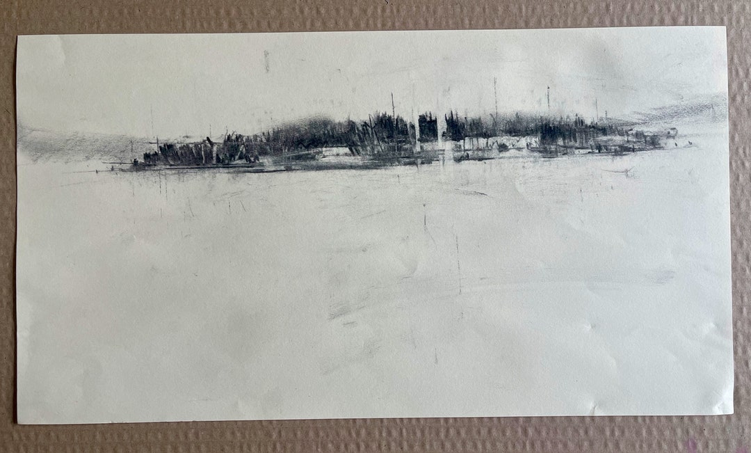 Norway Island Charcoal Drawing of a Winter Scene With Frozen Lake - Etsy