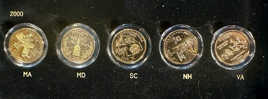 24k Gold Plated State Quarters Complete 5 Pc Set Year 2000 With Coni ...