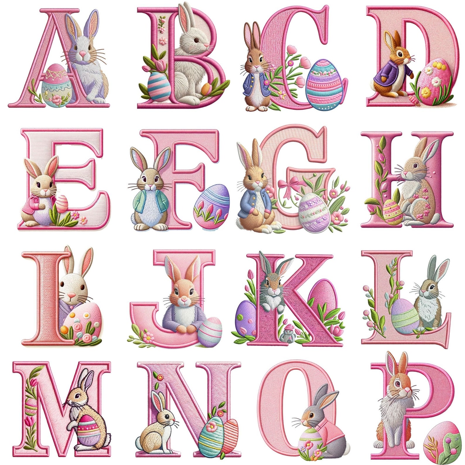 Pink Peter Rabbit Easter Egg Alphabet, Easter Spring Floral Embroidery ...