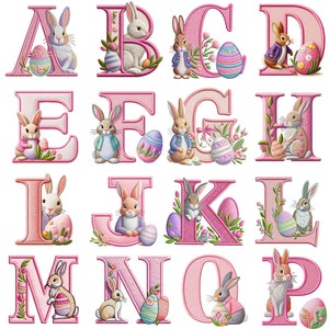 Pink Peter Rabbit Easter Egg Alphabet, Easter Spring Floral Embroidery ...