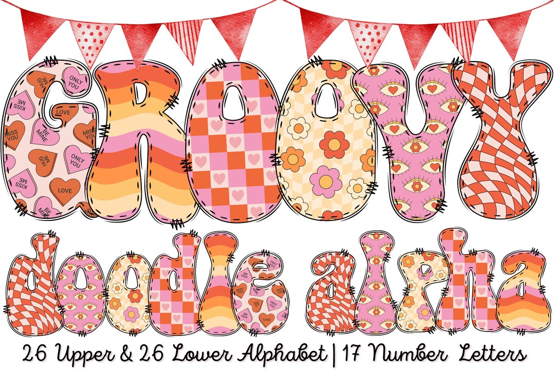 Groovy Retro Valentine 6 Set Doodle Font Bundle PNG, Alphabet Clipart ...