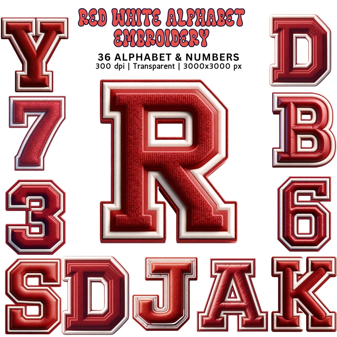 Varsity Red White Faux Embroidery Sport Alphabet Number PNG, Sports ...