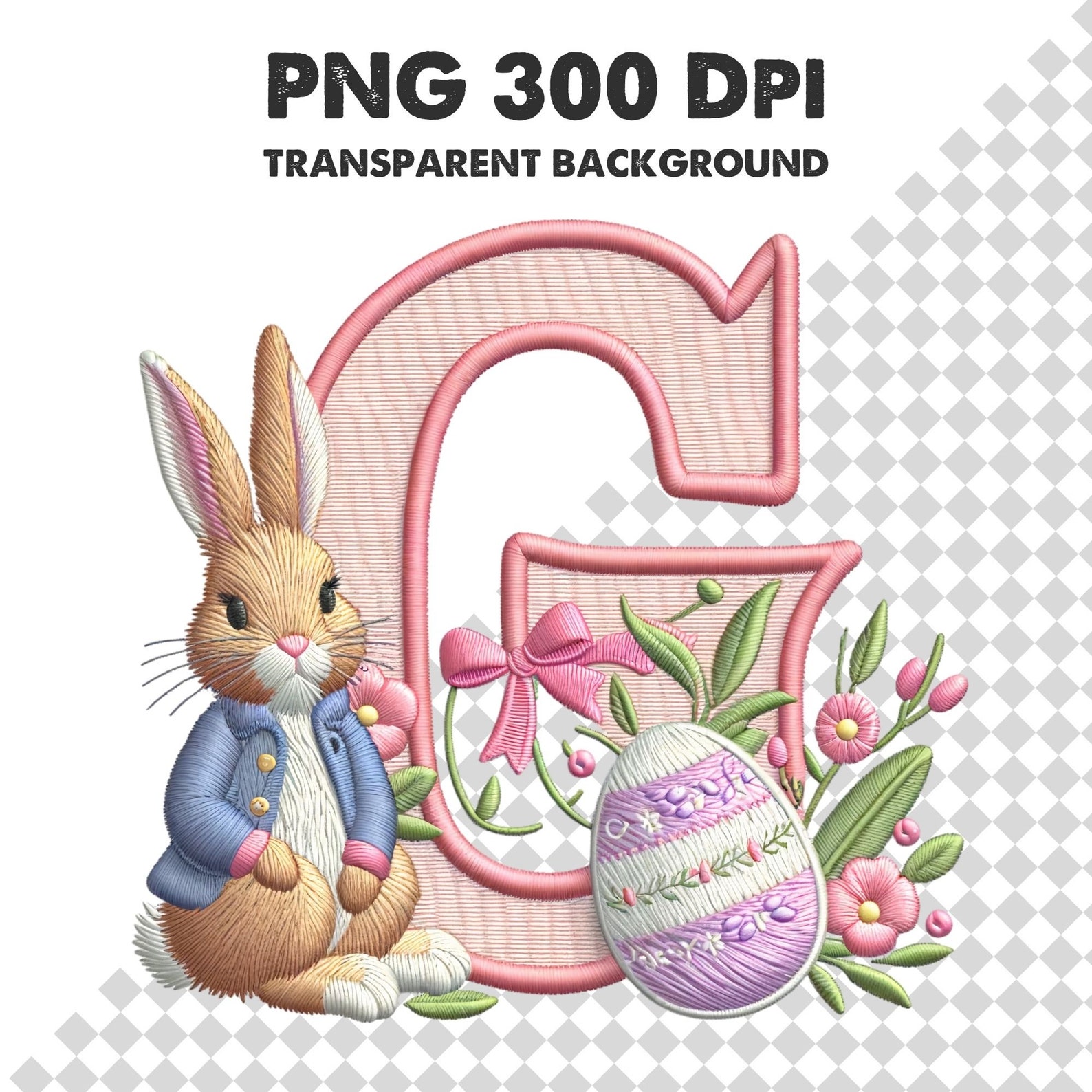 Pink Peter Rabbit Easter Egg Alphabet, Easter Spring Floral Embroidery ...