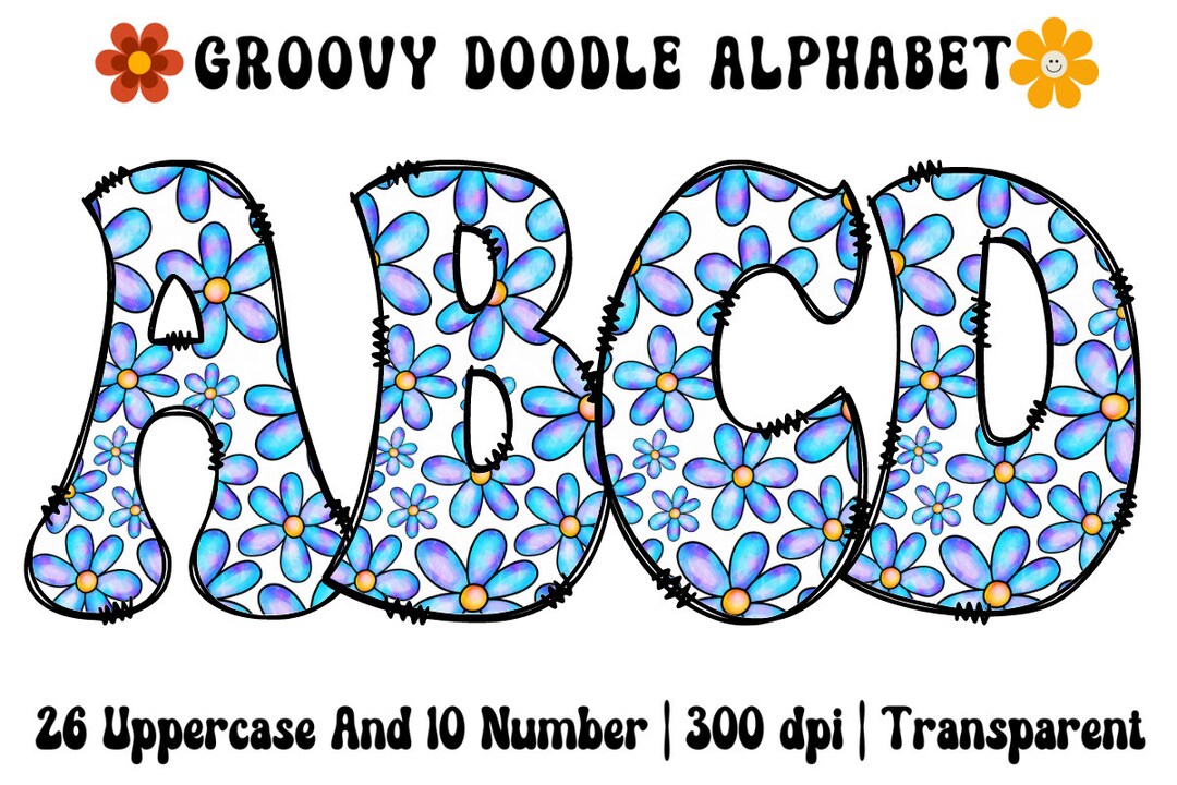 Groovy Spring Blue Watercolor Daisy Doodle Letter Alphabets - Etsy