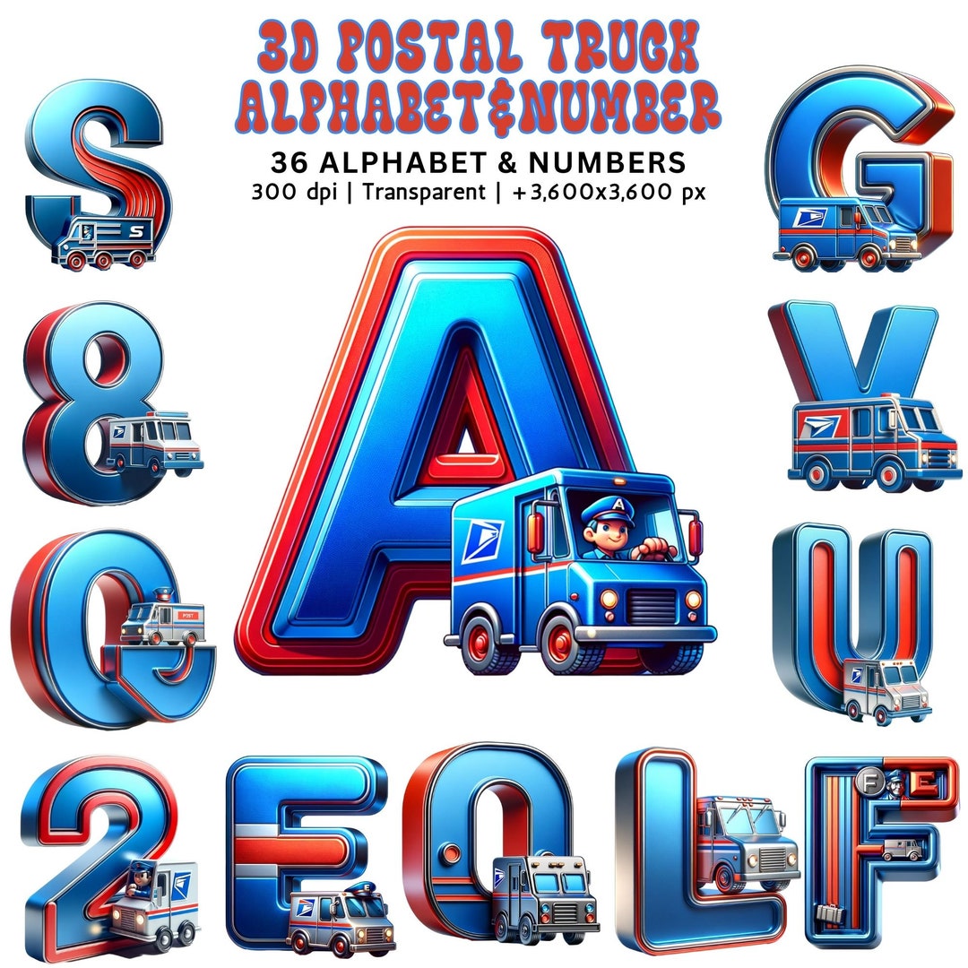 3D Postal Truck Doodle Alphabet, Postman Letters PNG Sublimation, Father's Day Clipart, Digital ...