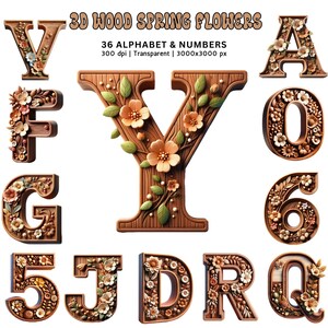 3D Wood Spring Flowers Alphabet Number PNG, Spring Clipart Alphabet ...