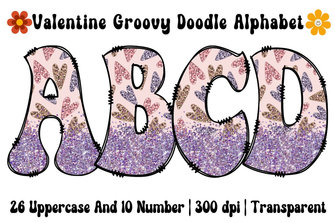 Groovy Glitter Hearts Doodle Font Bundle PNG Valentine - Etsy