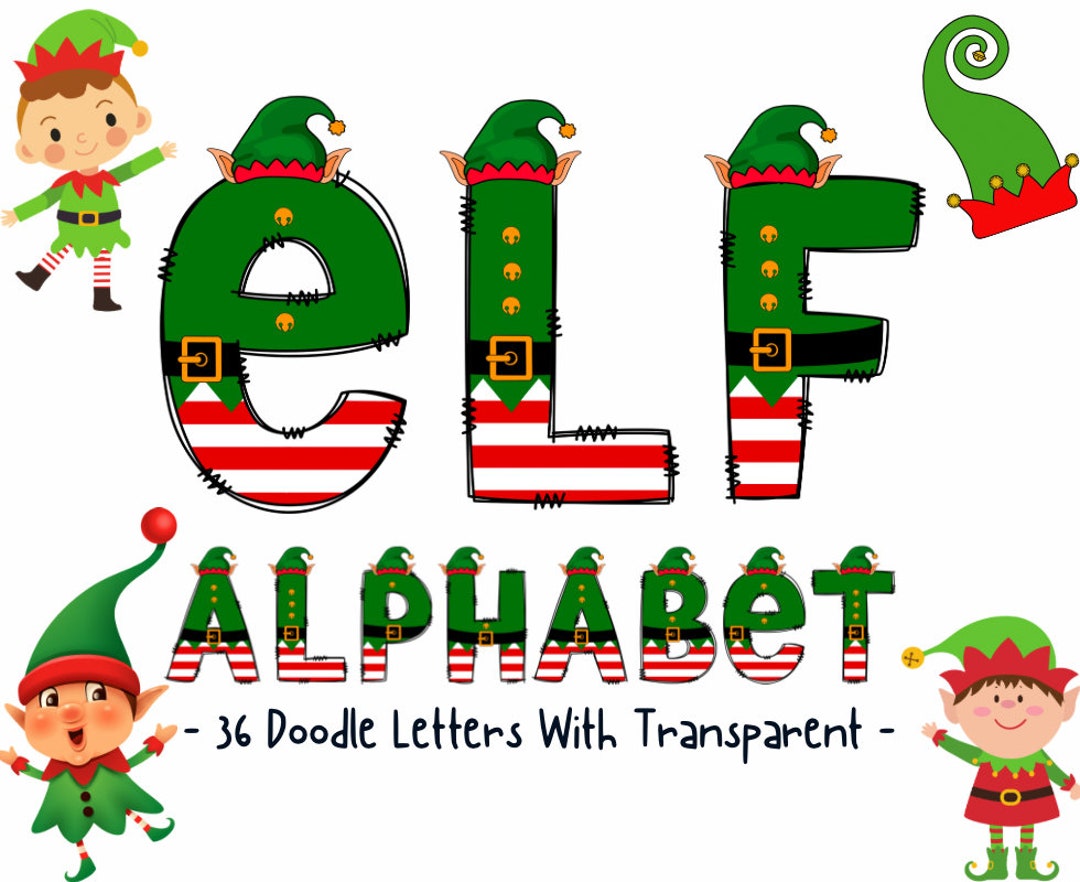Elf Doodle Font Bundle PNG , Christmas Alphabet Clipart Bundle Pack ...